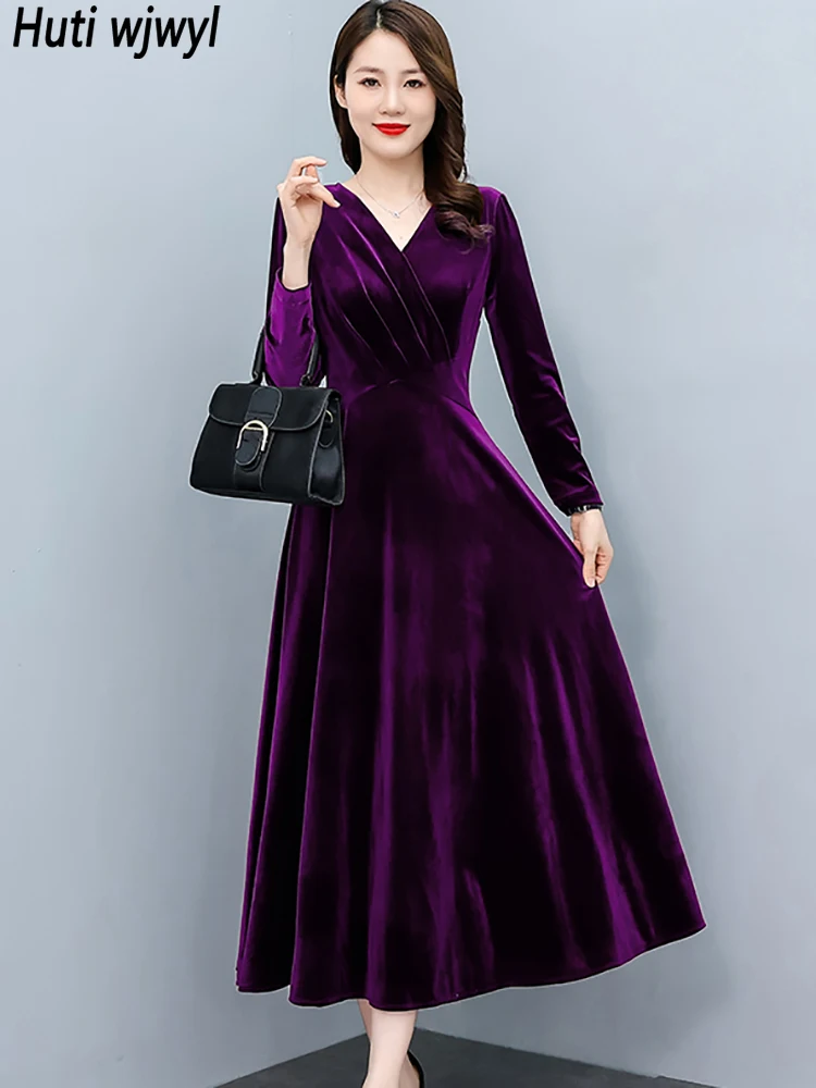 2023-Purple-Flannel-Thick-Warm-Elegant-Long-Dress-Autumn-Winter-Velvet ...