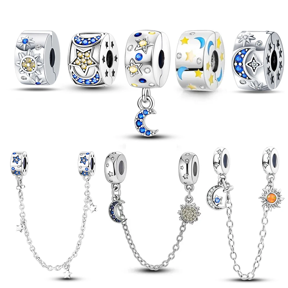 925-Sterling-Silver-Sparkling-Star-Moon-Clip-Fit-Pandora-Charms-Silver ...