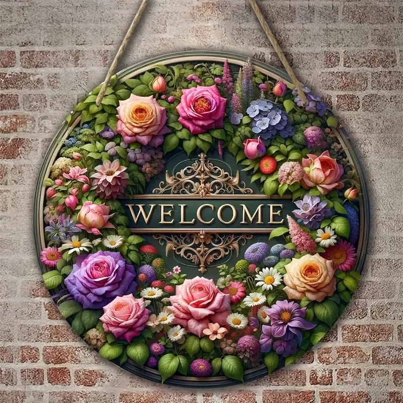 1 welcome sign made of new flowers,a round wooden hanging tag for home ...