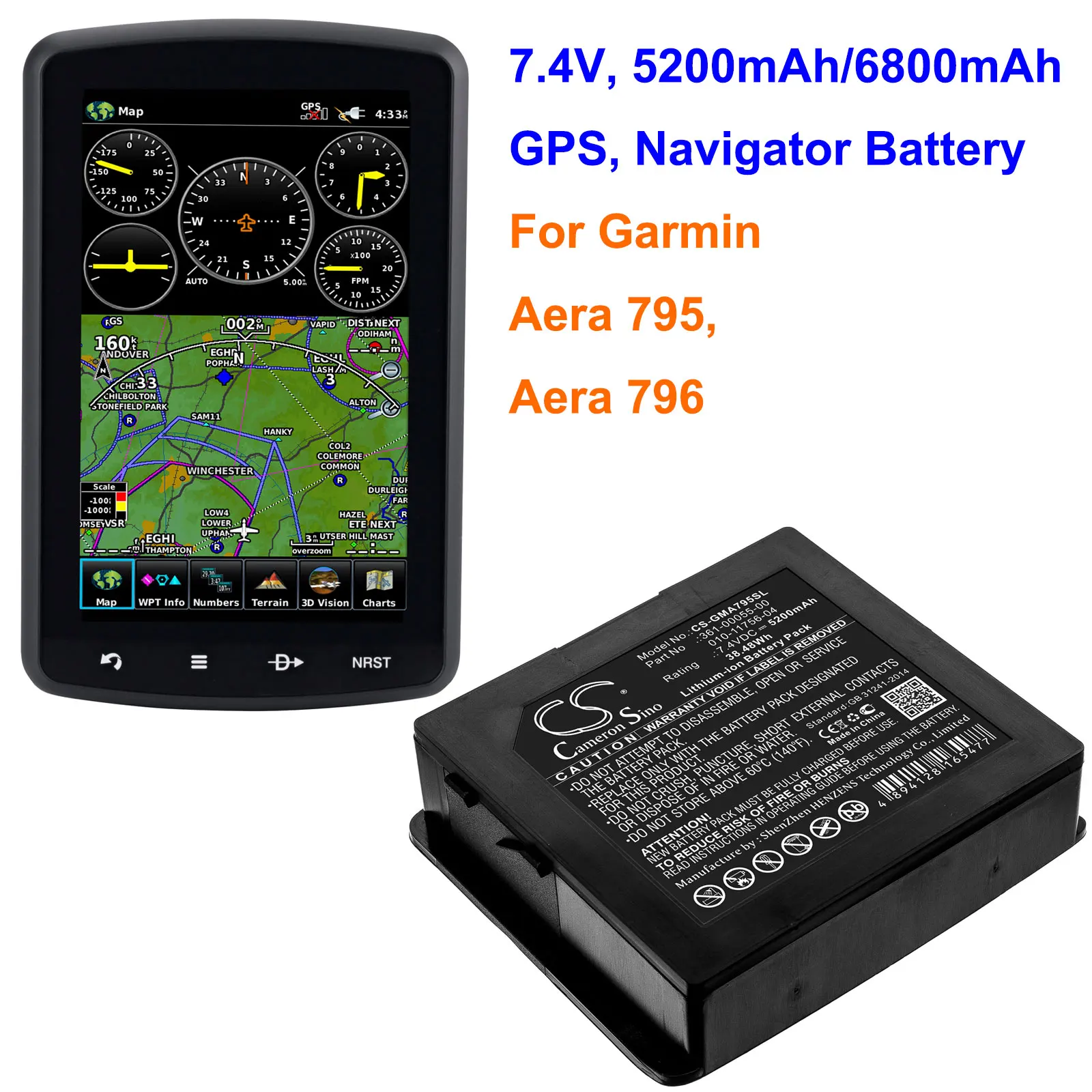 Cameron Sino 5200mAh/6800mAh Navigator Battery 361 00055 00, 010 11756 04 for Garmin Aera 795 ...