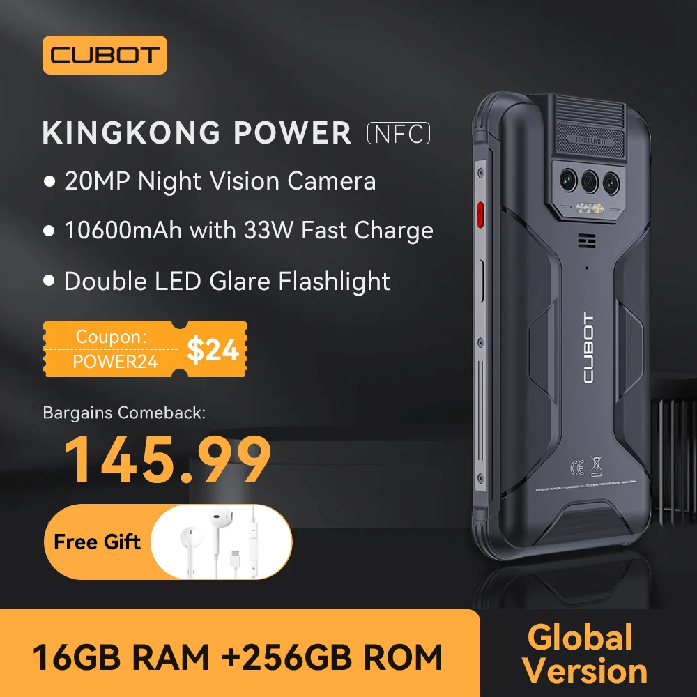 Cubot KingKong Power, สมาร์ทโฟนกันน้ำที่ทนทาน Android 13, 16GB RAM (ขยาย 8GB+8GB), ROM 256GB ...