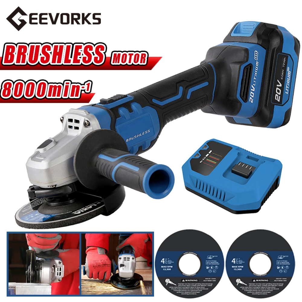 Cordless Electric Brushless Angle Grinder Battery Powered 20V Li-Ion ...