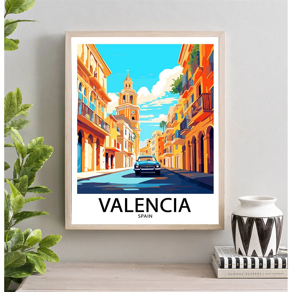 Spain-Valencia-Cartoon-Travel-Poster-Print-City-Landscape-Wall-Art ...