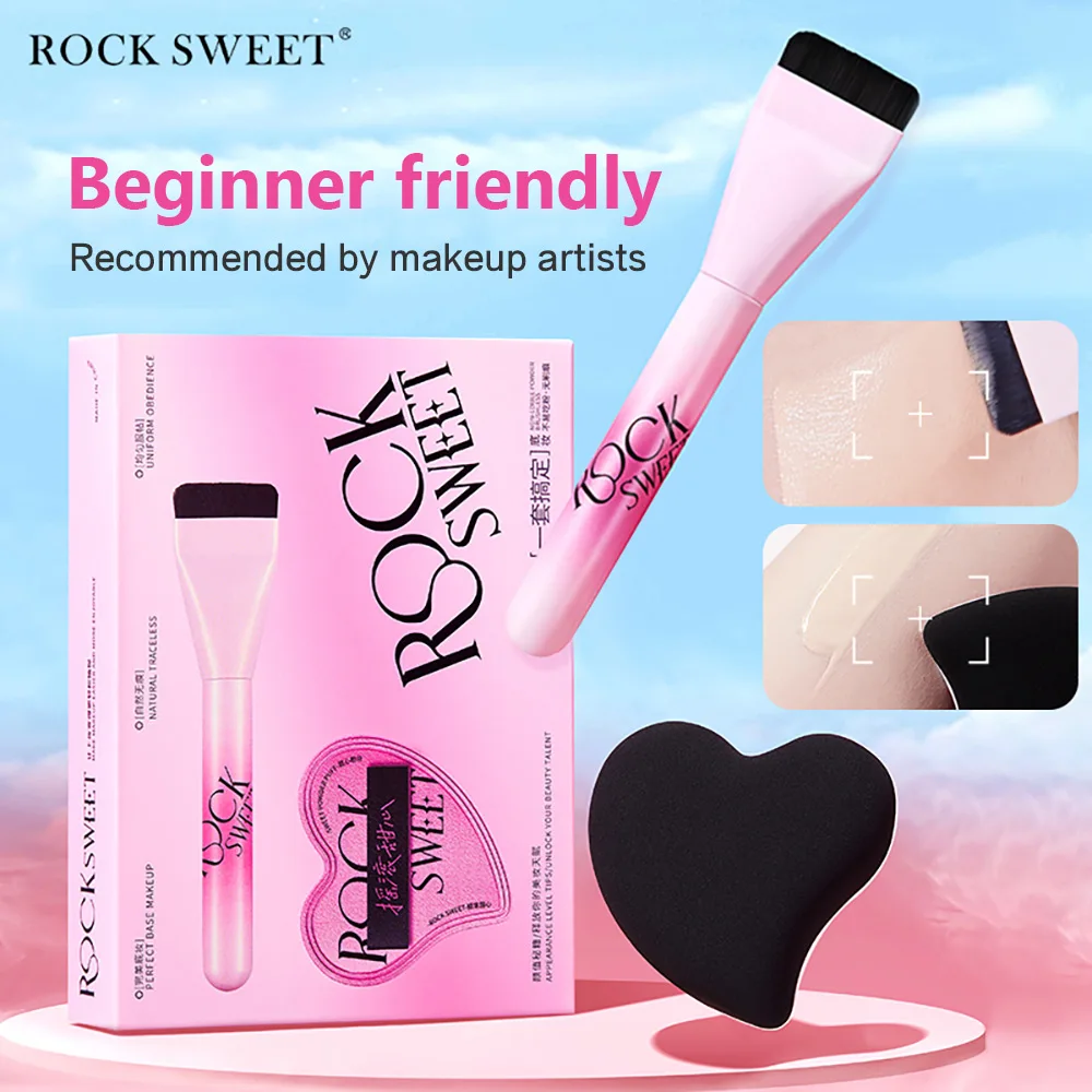 ROCK SWEET Flat Foundation Brush & Sponge Puff Set Soft Reusable ...