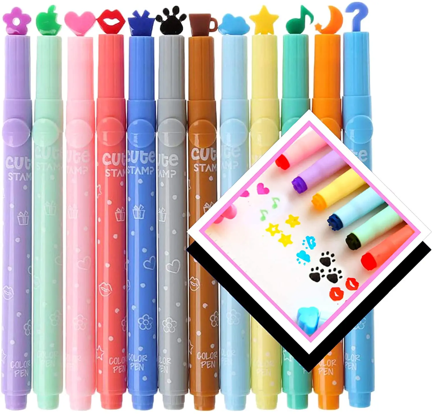 12 Color Cute Kawaii Novelty Stamp Highlighter Pen Marker Assorted Love ...