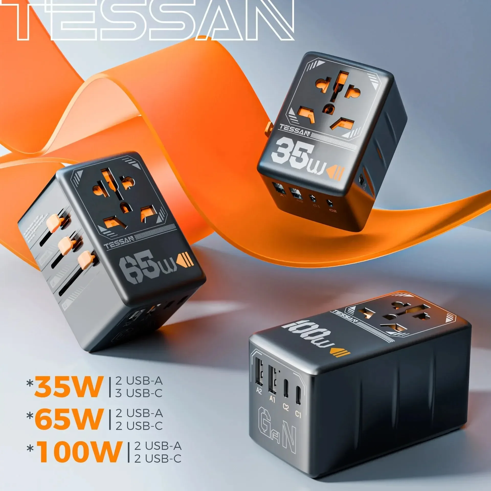 TESSAN-100W-GaN-Universal-Travel-Adapter-with-USB-Type-C-Fast-Charging ...