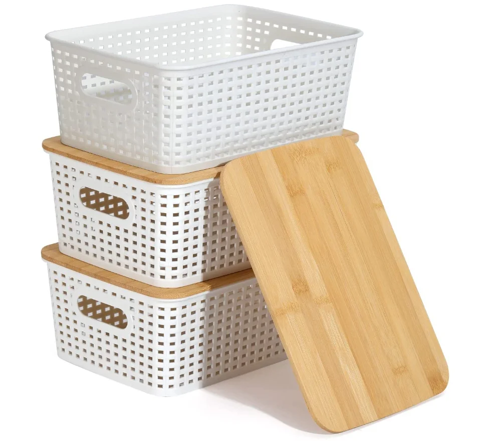 EOENVIVS Plastic Storage Baskets With Bamboo Lid Pantry Organization ...