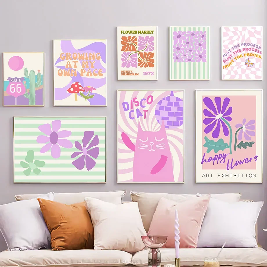 Disco-Cat-Route-Butterfly-Flowers-Cactus-Wall-Art-Canvas-Painting ...