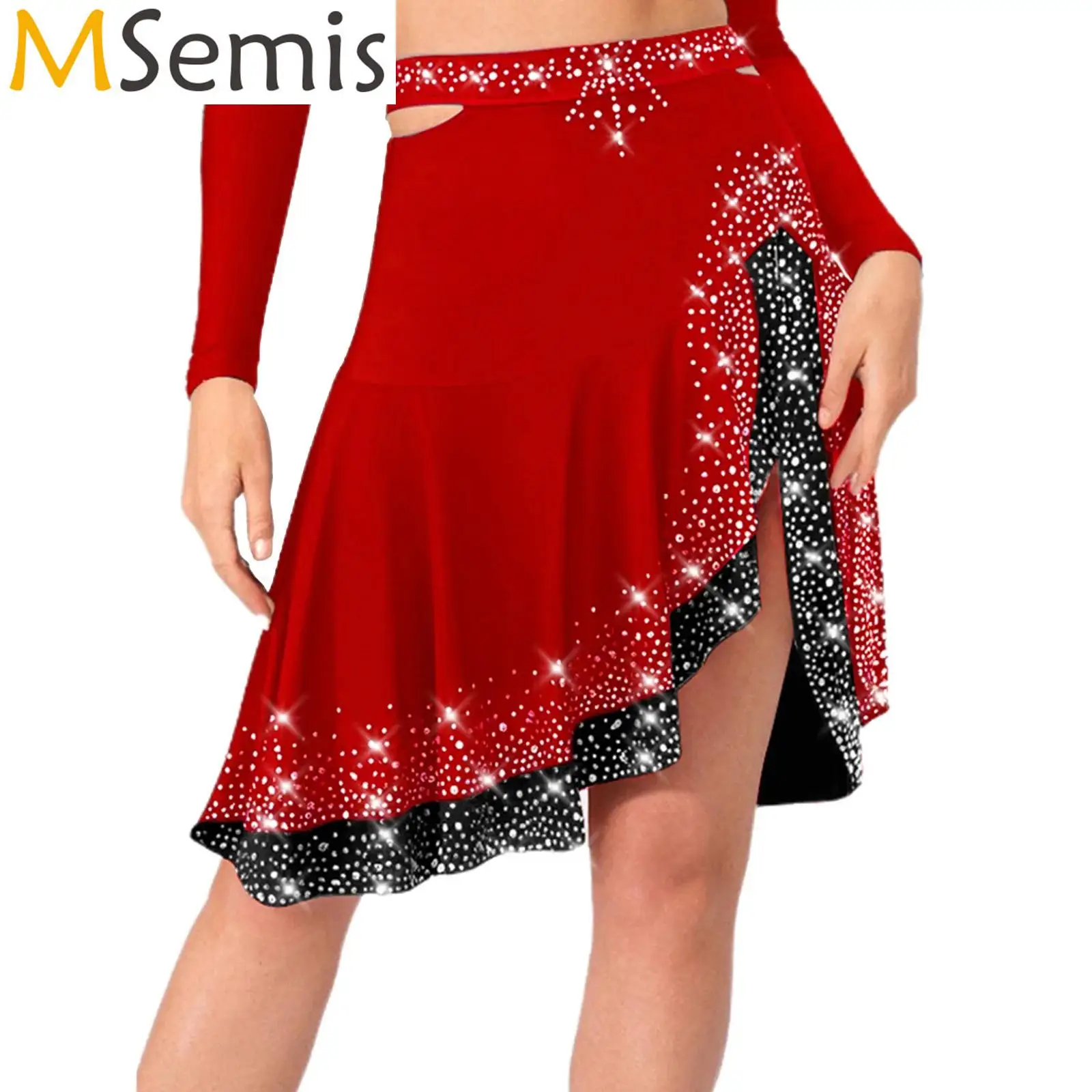 Women Jazz Latin Dance Skirt Shinny Rhinestones Waist Sides Cut Ruffled ...