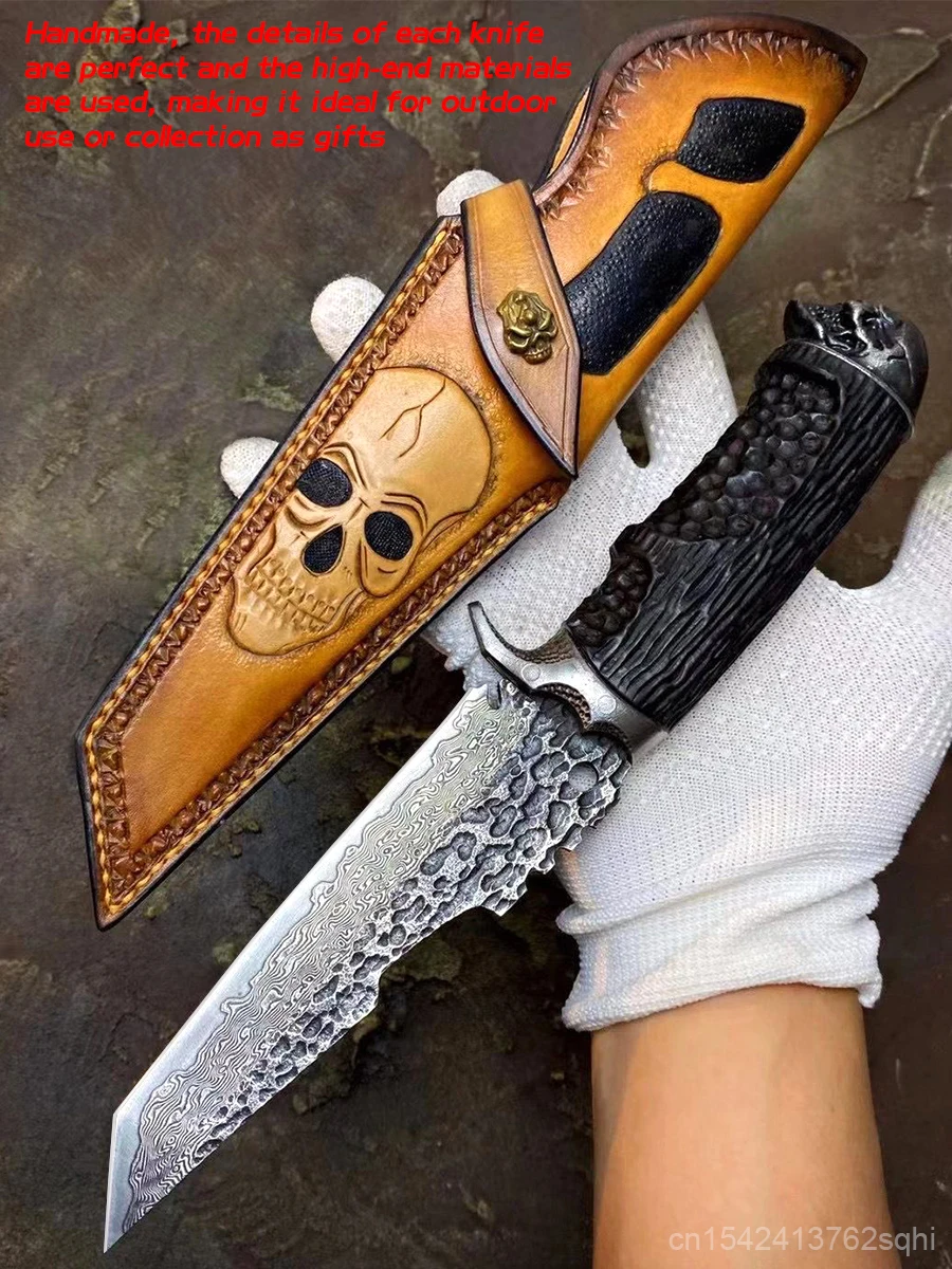 New-Falcon-Damascus-steel-outdoor-hunting-straight-knife-ebony-alloy-steel-skull-hilt-adventure ...