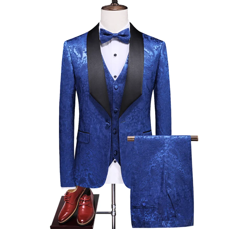 (blazers + Pants + Vests) Men Luxury Jacquard Suit 3 Piece Black / Red ...