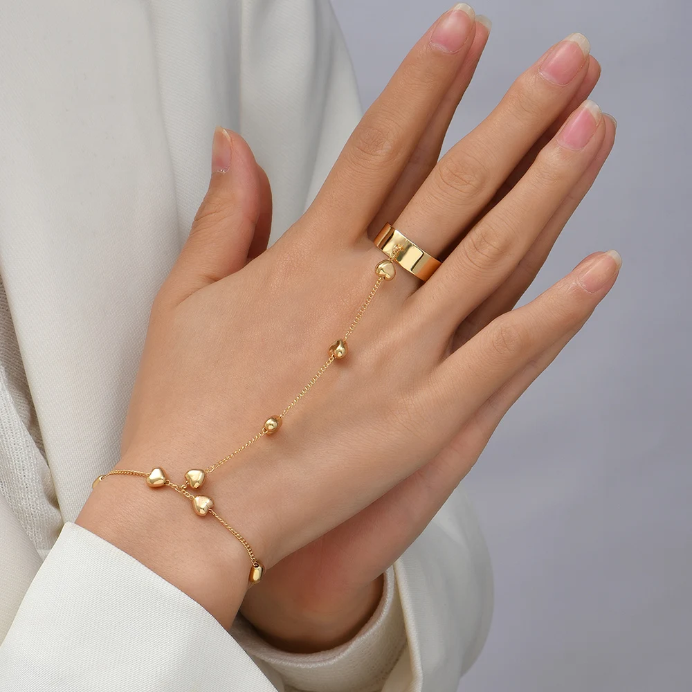 Simple Finger Ring Bracelet for Women Gold Color Metal Heart Shaped Beads Chain Connected Bracelets Hand Jewelry Accessories AliExpress