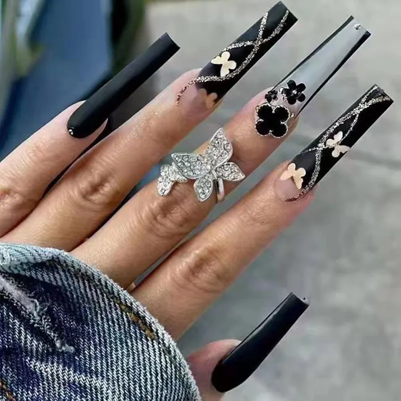 Black Matte Nails With Gold