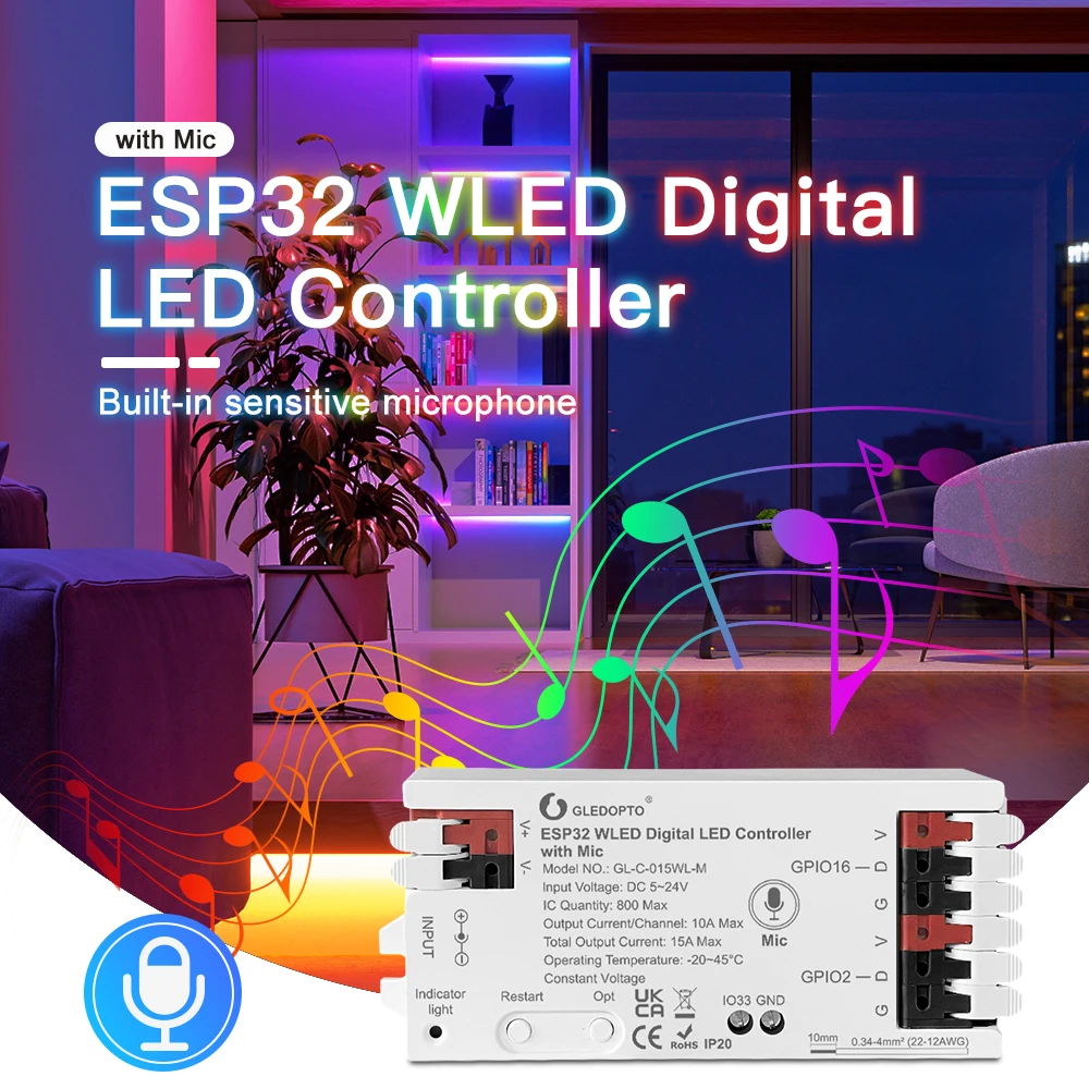 GLEDOPTO-ESP32-WLED-LED-Controller-Mic-Microphone-Music-Dynamic-RGB-IC ...