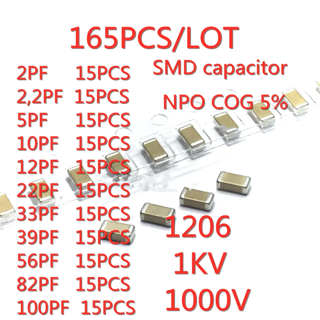 165PCS-LOT-1206-2PF-2-2PF-5PF-10PF-12PF-22PF-33PF-39PF-56PF-82PF-100PF ...