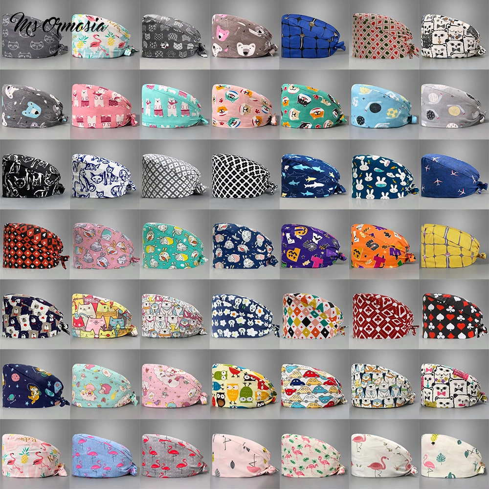 Surgical Cap New Nurse Scrub Hat Floral Cartoon Print Bouffant Sanitary ...