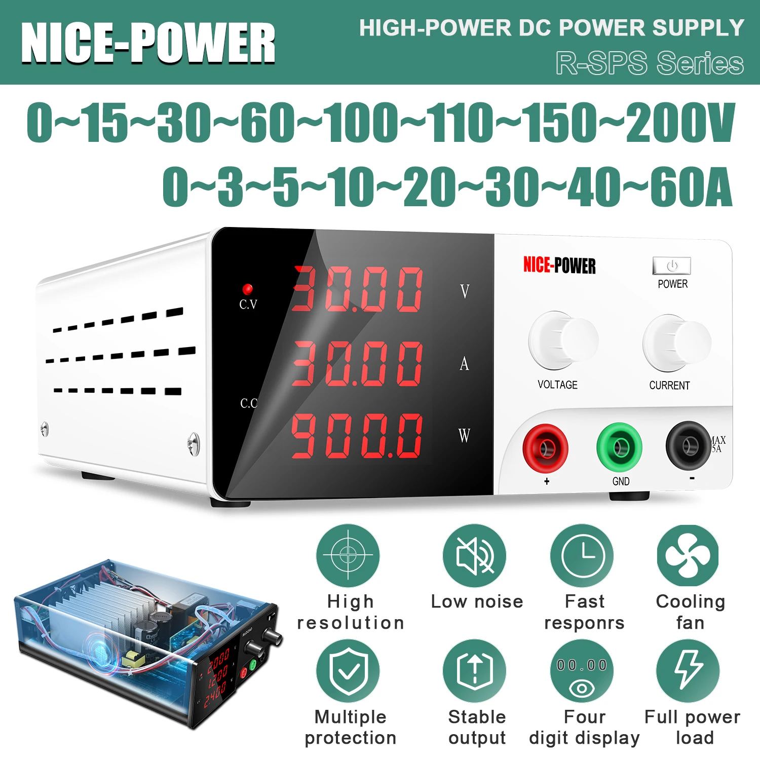 安定化電源、 DC電源 60V 20A 実験室用 100V 10A 200V 5A 安定化 調整可能 可変デジタル調整 ベンチソース（電源供給装置 調整可能な DC 電源 60V 20A 金属 ...