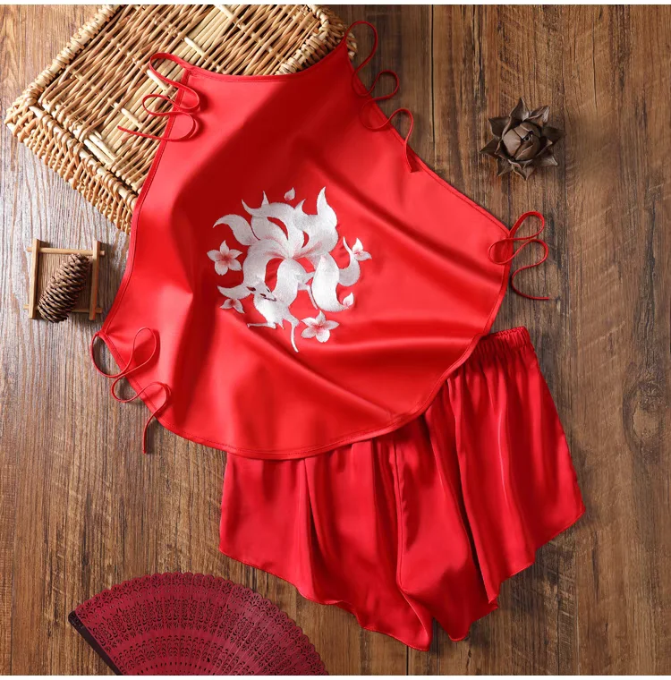 Chinese-Traditional-Style-Embroidery-Pajama-Sets-Pink-Red-Nine-Tailed ...