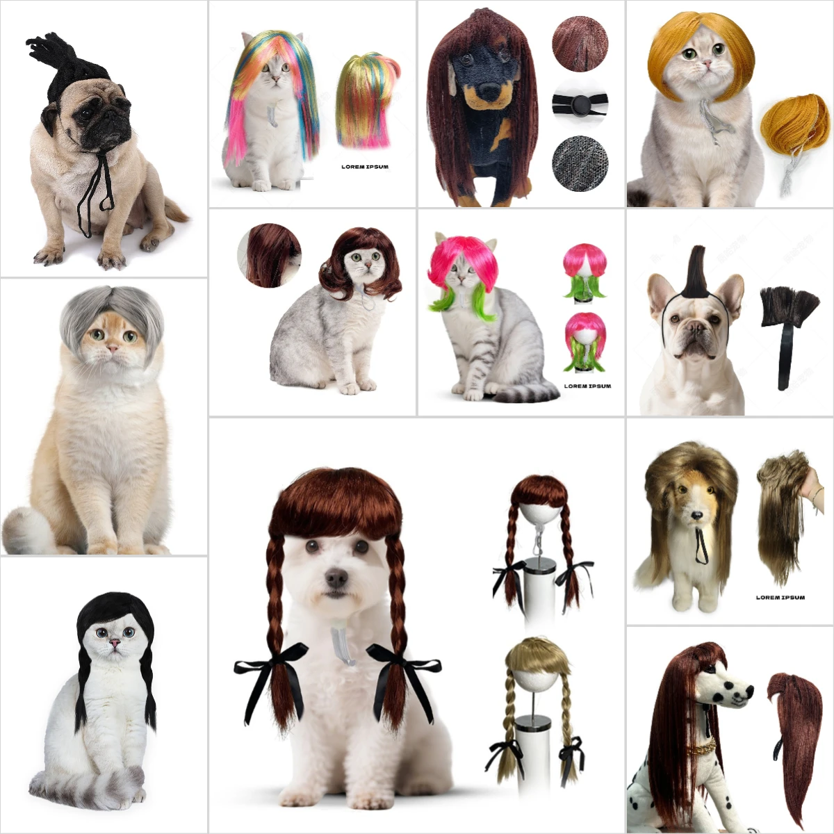 Cute pet cat and dog wigs, big wave long straight bangs braided wigs ...