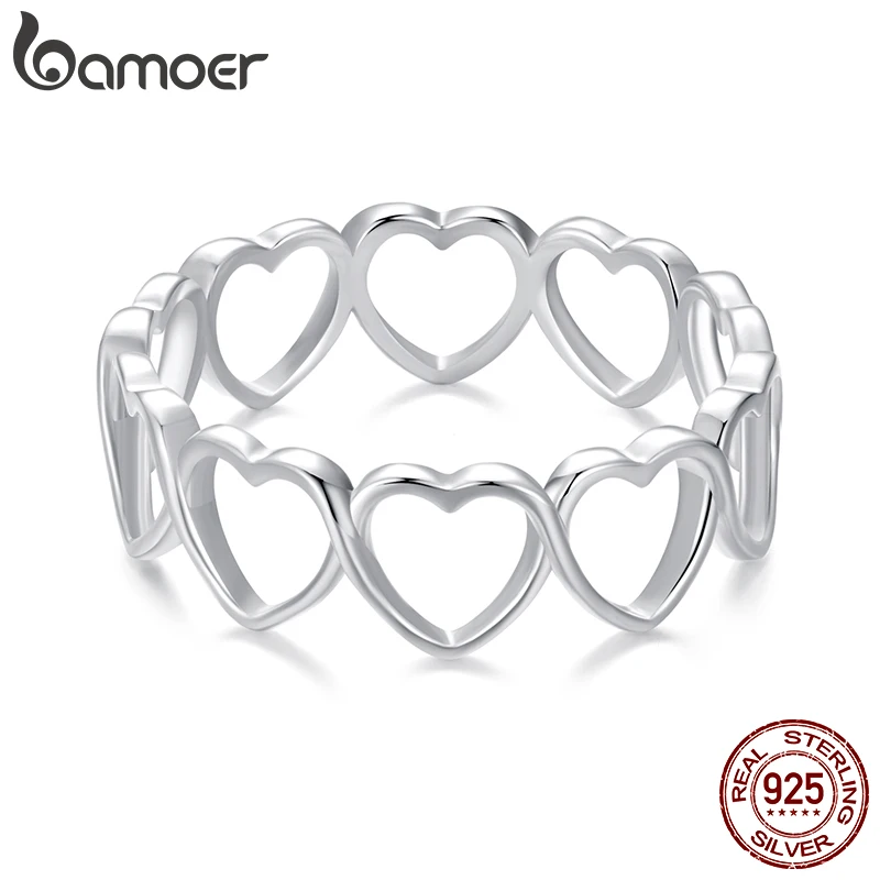 BAMOER S925 Sterling Silver Hollowed Heart Finger Ring for Women ...