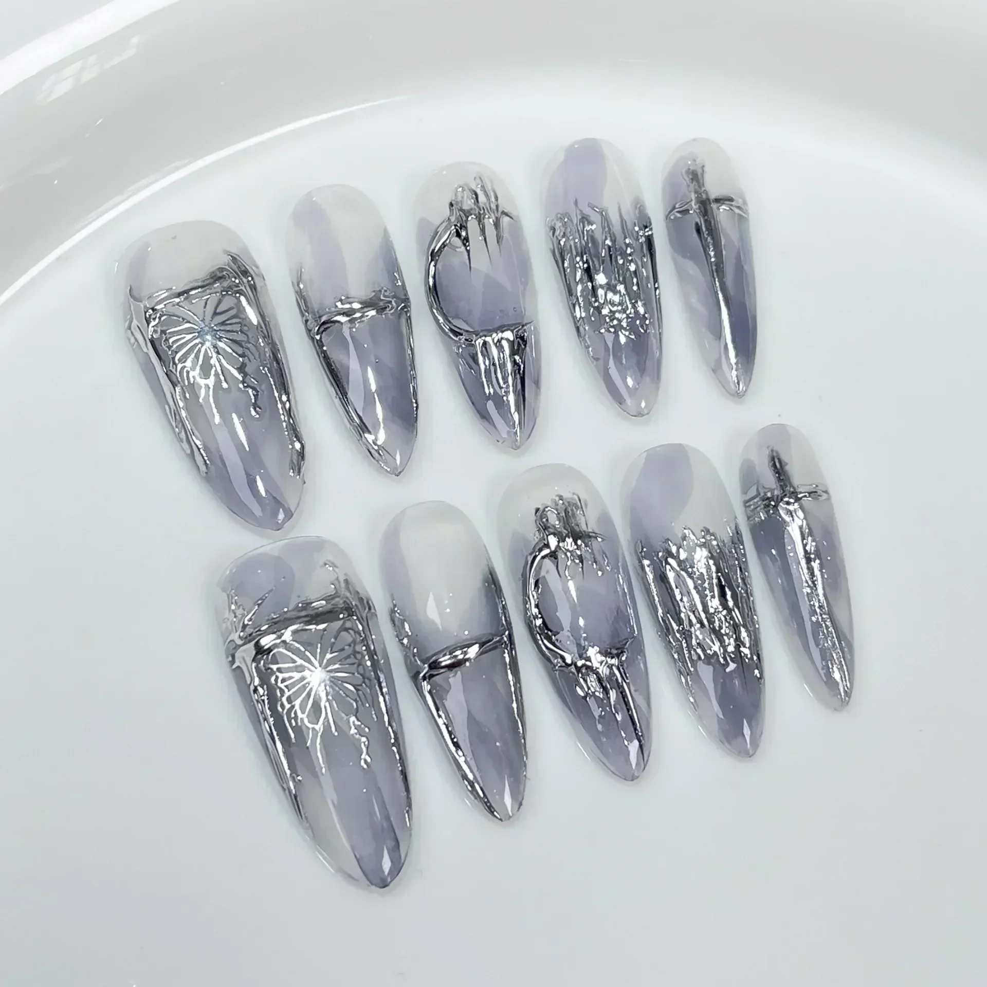 10Pcs Long Almond Handmade Press on Nails Butterfly Fake Nails Wearable ...