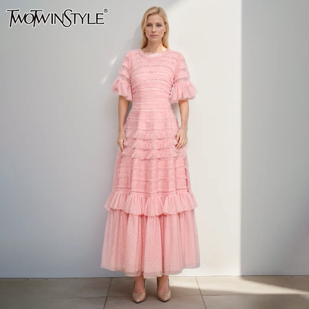 TWOTWINSTYLE-Solid-Mesh-Temperament-Dresses-For-Women-O-Neck-Short ...