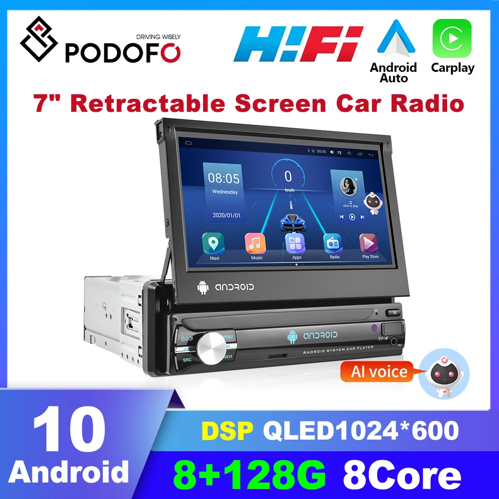 Podofo 1 Din Car Radio 7" HD Retractable Screen Audio Stereo Multimedia ...