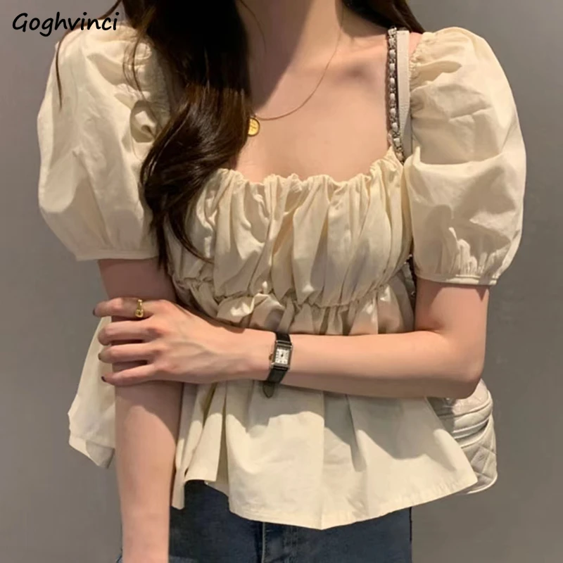 Korean-Style-Shirts-Women-Fashion-Folds-Puff-Sleeve-Square-Collar ...