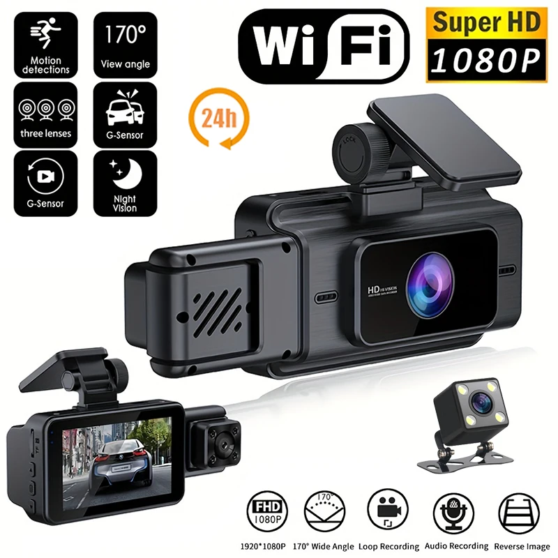 3 Camera Dash Cam W/ IR Night Vision Loop Recording WIFI 2" IPS Screen ...