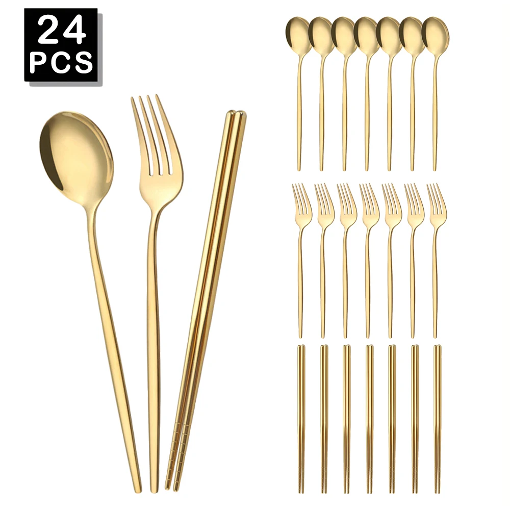 Golden Korean Tableware Set 24Pcs Luxury Cutlery Set Stainless Steel ...