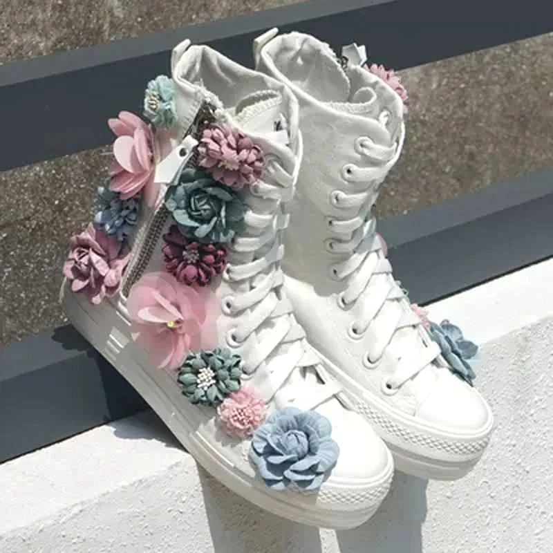 Spring-Women-3D-Rose-Flower-Decor-Flat-Cloth-Boots-Beauty-High-Top-Lace ...