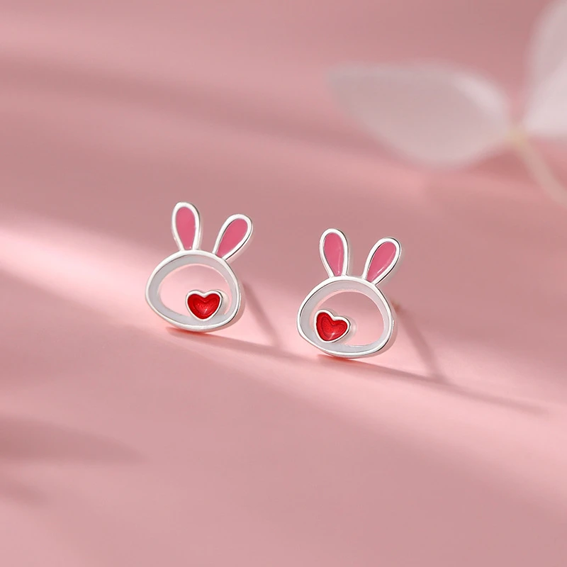 VOQ Silver Color Cute Heart shaped Rabbit Earrings Female Sweet Rabbit ...
