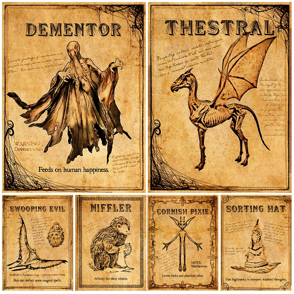 Harry P,Dementor,Thestral,Sorting Hat,Bowtruckle,Vintage Wall Art ...