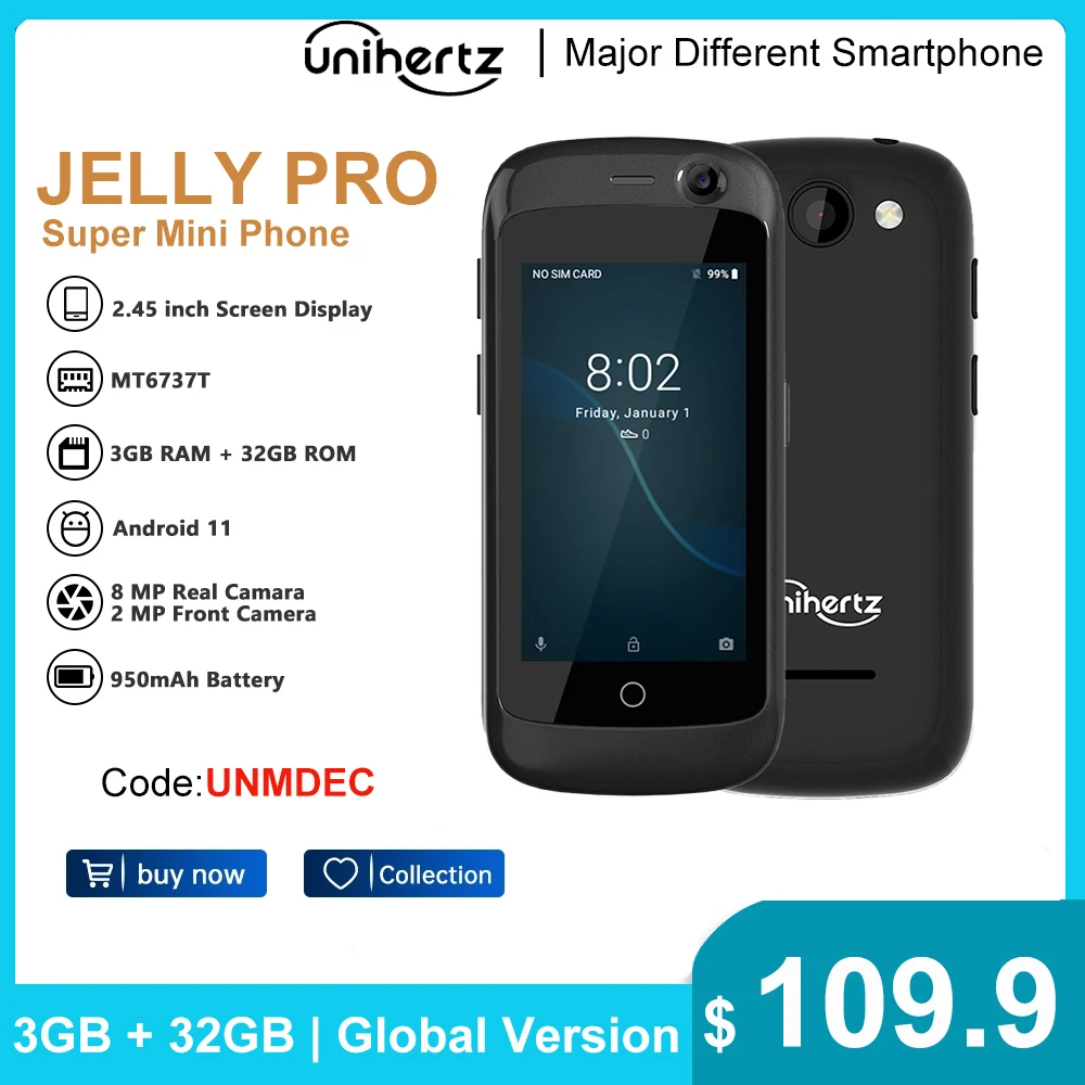 Unihertz Jelly Pro Super Mini 4G Smartphone Quad Core 3GB 32GB Android 8.1 Unlocked Mobile Phone ...