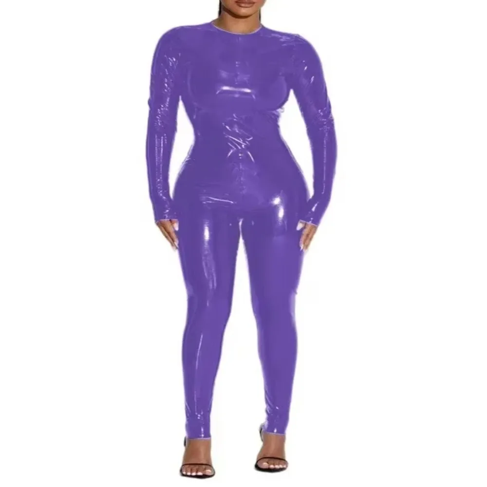 Plus Size Round Collar PVC Shiny Jumpsuit Party Long Sleeve Catsuit ...