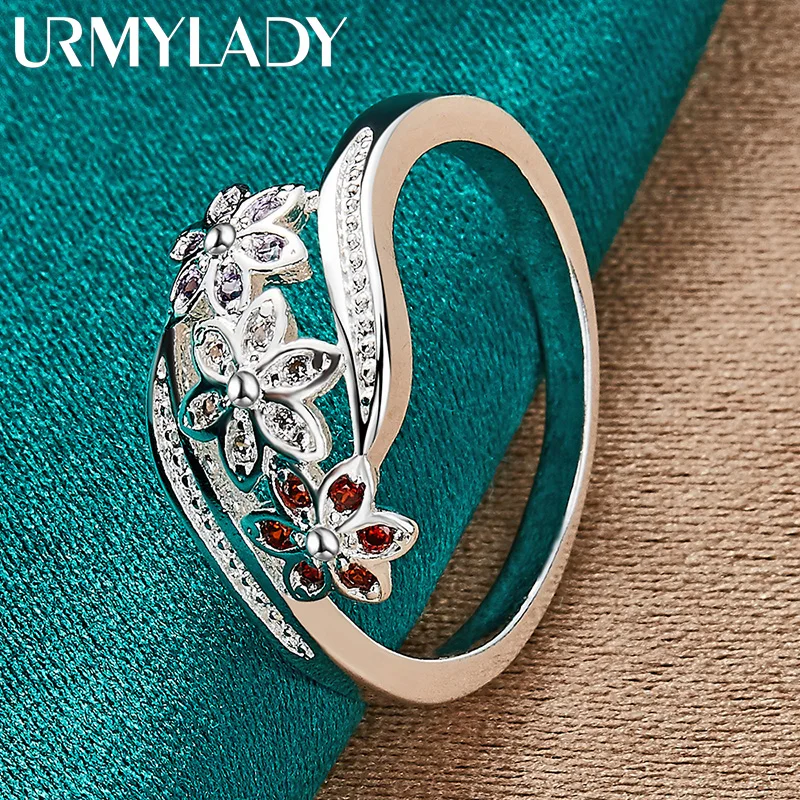 URMYLADY-Anillo de Plata de Ley 925 con flor de circón rojo para mujer ...