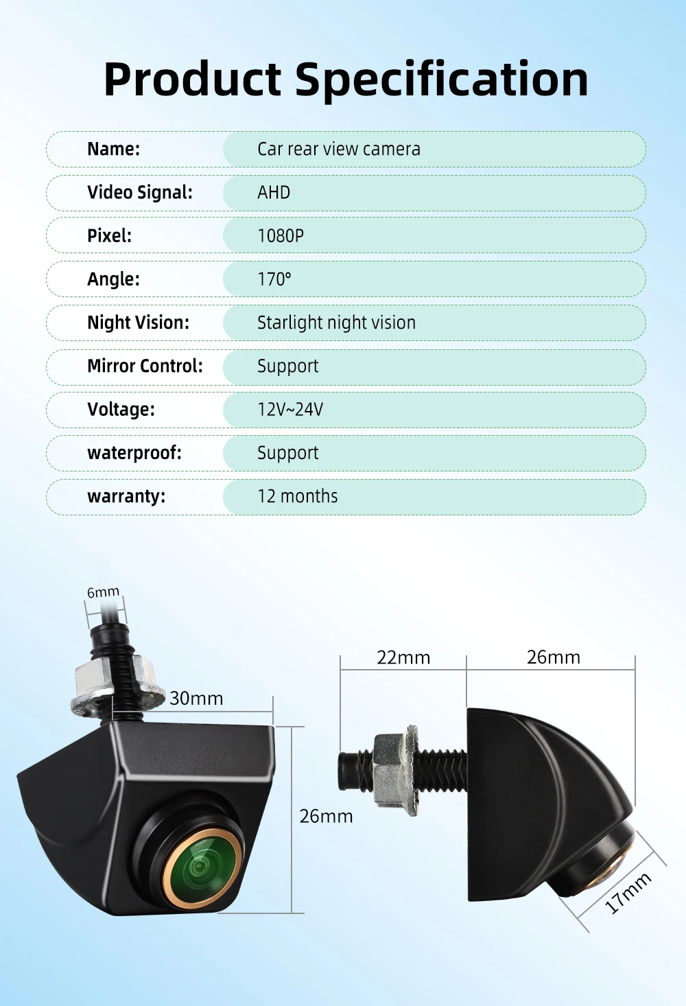 CVBS to AHD 1920x1080P or 720P Car Rear View Camera 170° Fisheye Golden ...