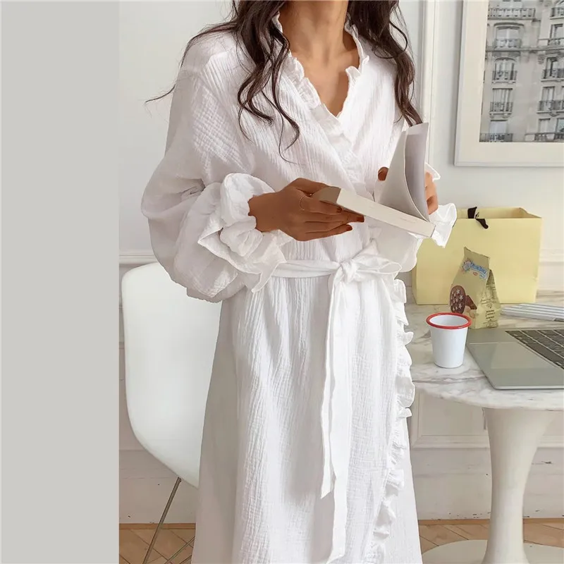 Bathrobe-Women-Ruffles-Long-Sleeve-Korean-Style-Sweet-Robe-White ...