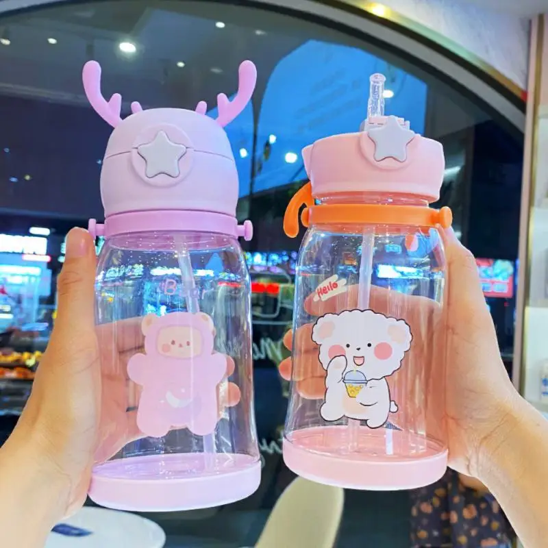 580ml-Cartoon-Water-Cup-With-Straw-Large-capacity-Antler-Plastic-Cup ...