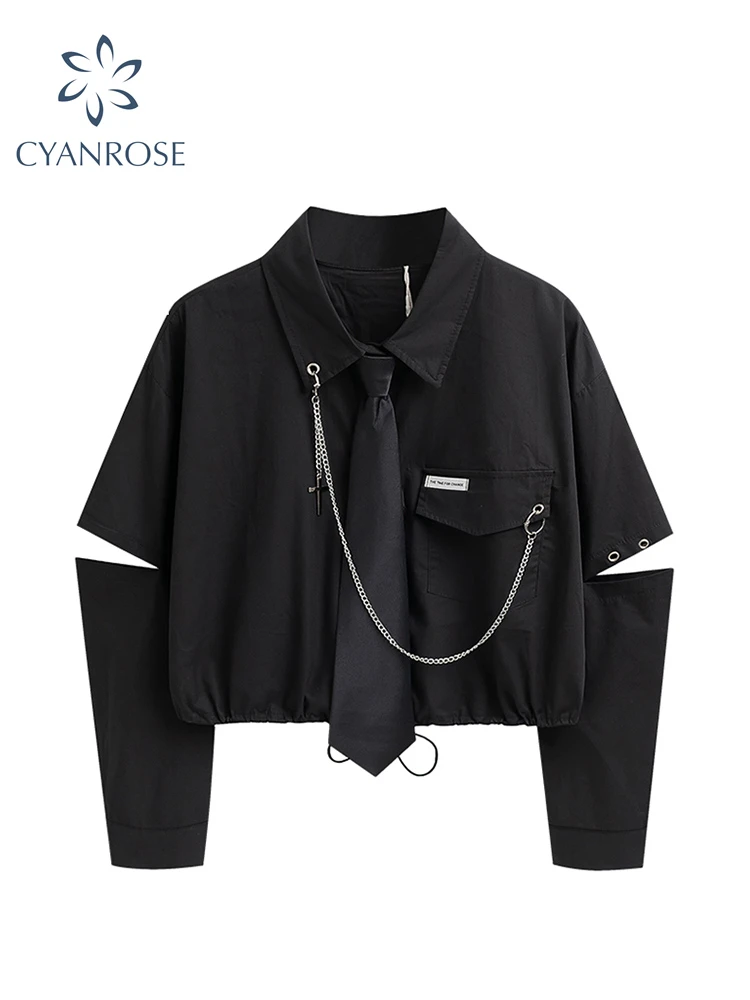 Fashion Punk Style Women Shirt Gothic Harajuku Dark Tie And Chain Long ...