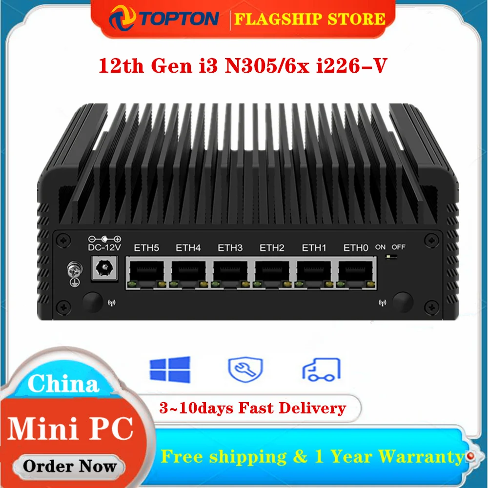 12th Gen 6 LAN 2.5G Firewall Router Intel i3 N305 N100 6x i226-V Fanless Mini PC DDR5 2xHDMI2.1 ...
