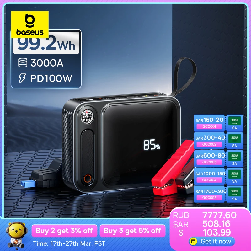 Baseus 3000A Car Jump Starter Power Bank 26800mAh for 101.50 USD with ...