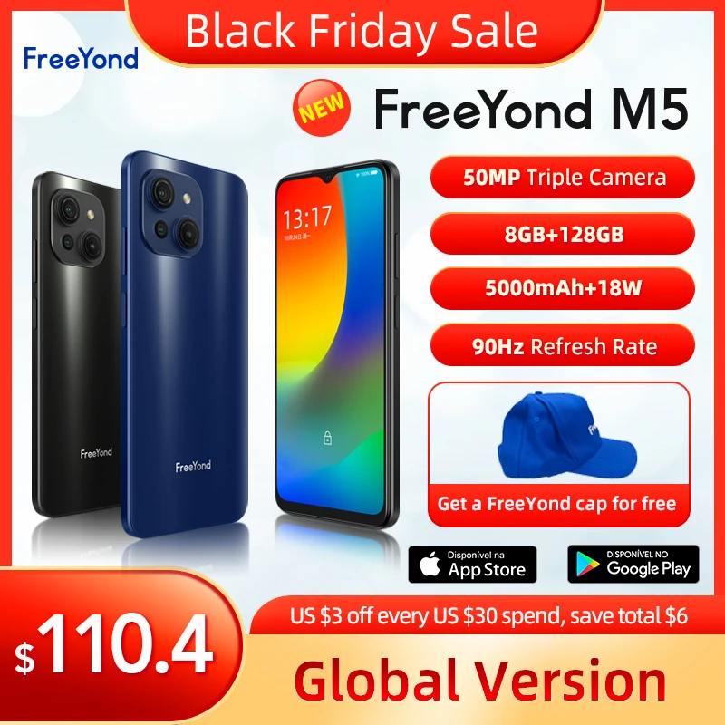 FreeYond M5 8+128 Cellphones 50MP AI Triple Camera 90Hz IPS Screen 18W ...