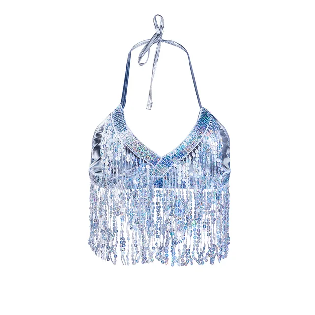 Sequins Tassel Belly Dance Short Skirt Tops Sets For Women Sexy Bra Sparkly Fringe Bikini Suit ...