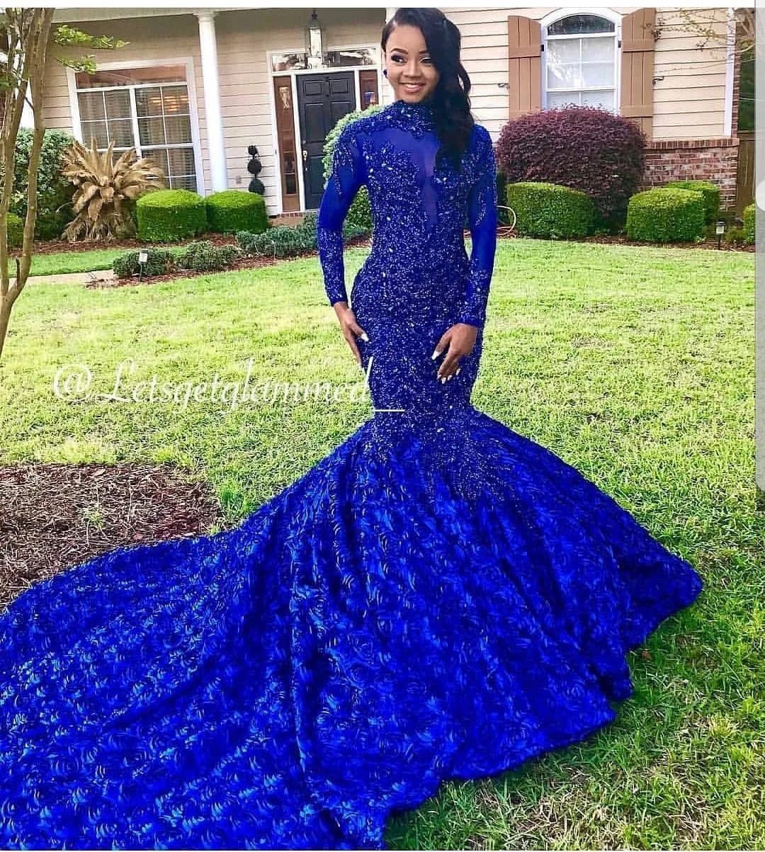 Blue Mermaid Prom Dresses With Sleeves