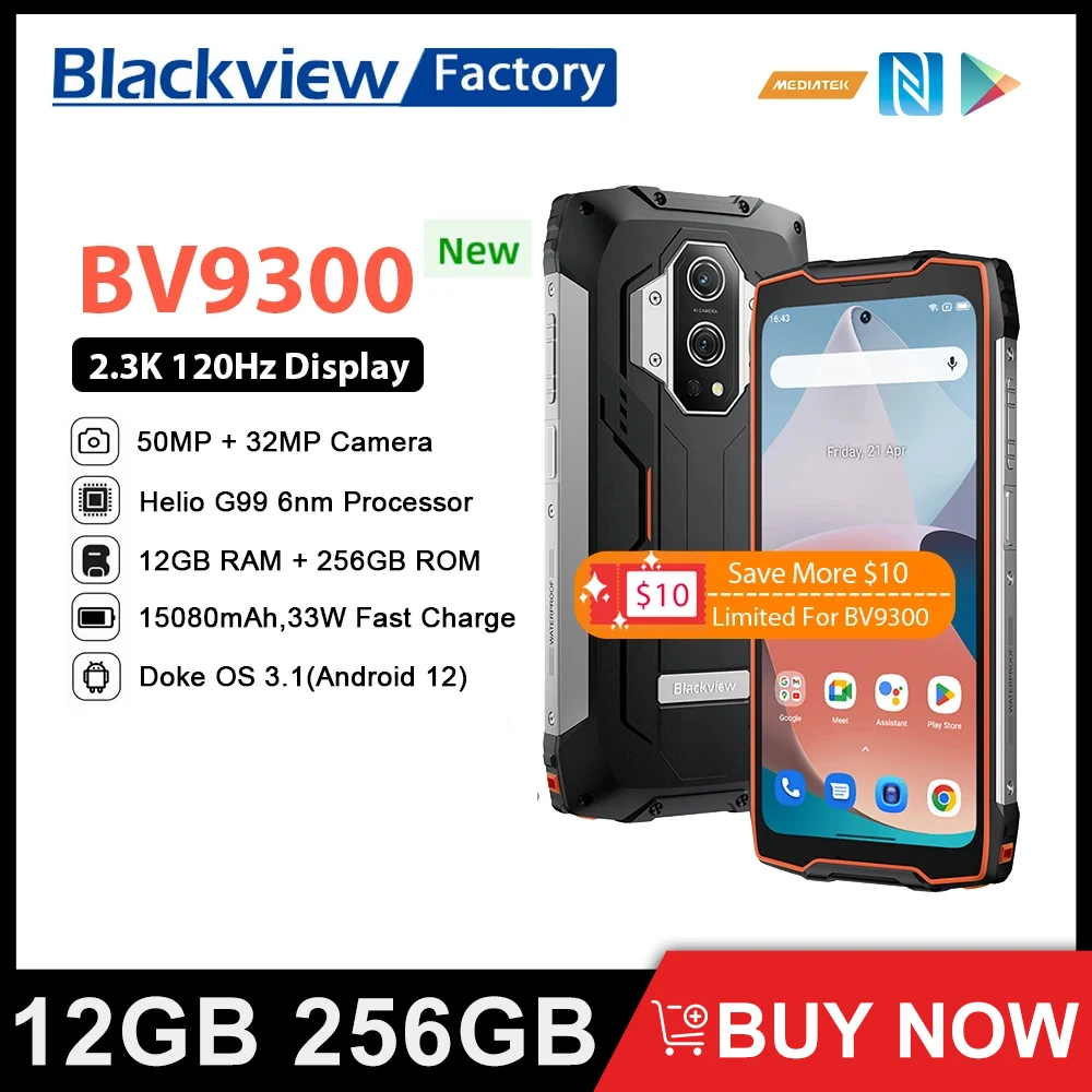 BLACKVIEW BV9300 12GB 256GB Helio G99 Smartphone 120Hz 2.3K Display ...