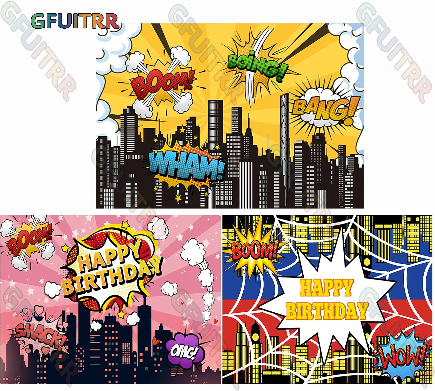 GFUITRR Superhero Boom Backdrop Kids Birthday Photography Background ...