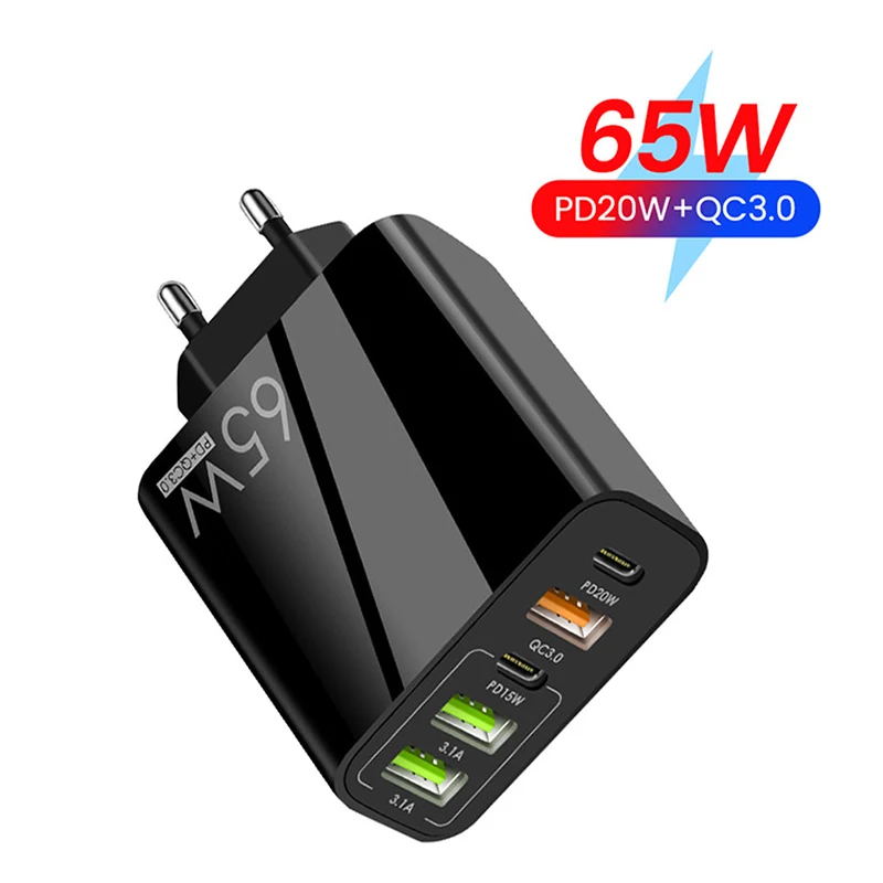 Cargador-r-pido-5-Prots-USB-C-de-65W-Cargador-USB-PD-multipuertos-GaN ...