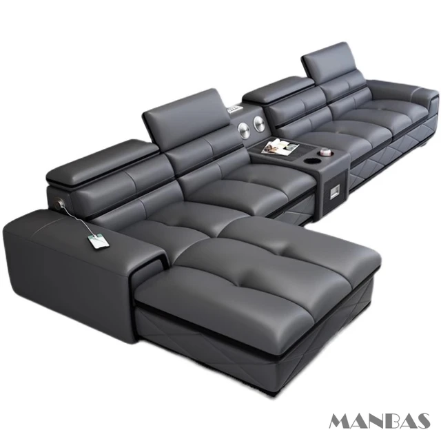 Modern Genuine Leather Sectional Sofa Sets Couch Sofas with USB ...