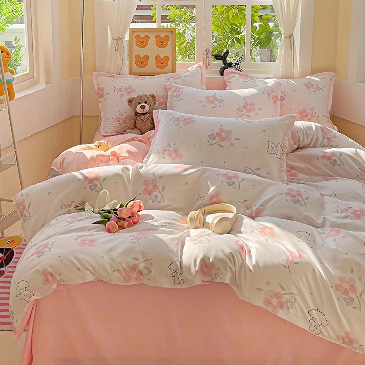3PCS Simple plain-colored plant and floral printed quilt cover set ...